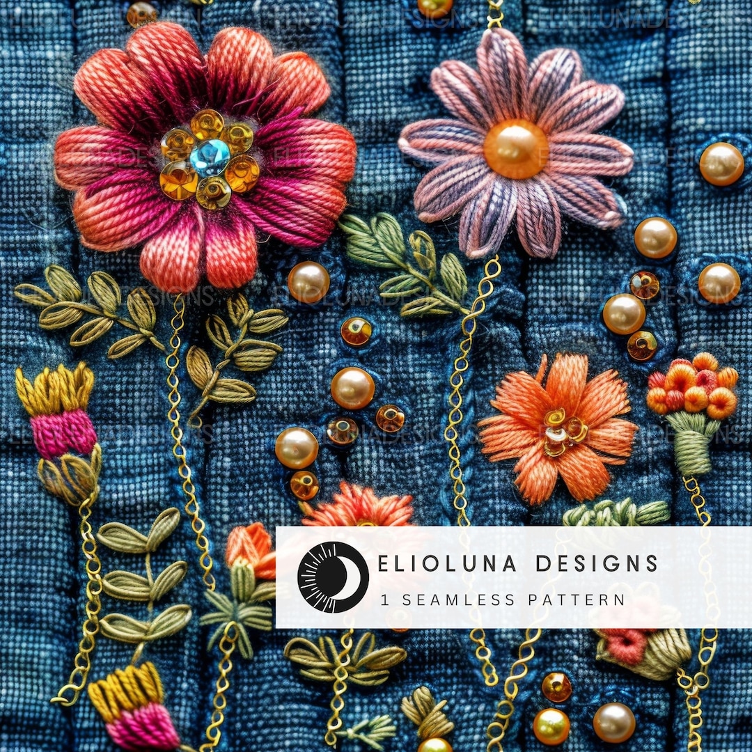 Floral Denim Pattern Digital Paper Embroidered Floral Pattern Seamless ...