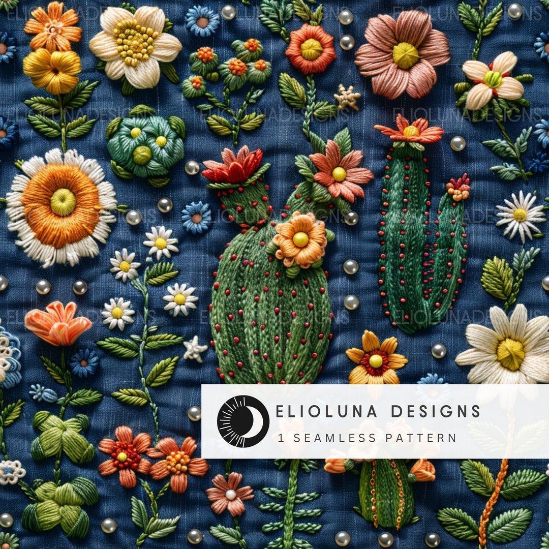 Cactus Floral Pattern Digital Paper Embroidered Western Pattern ...