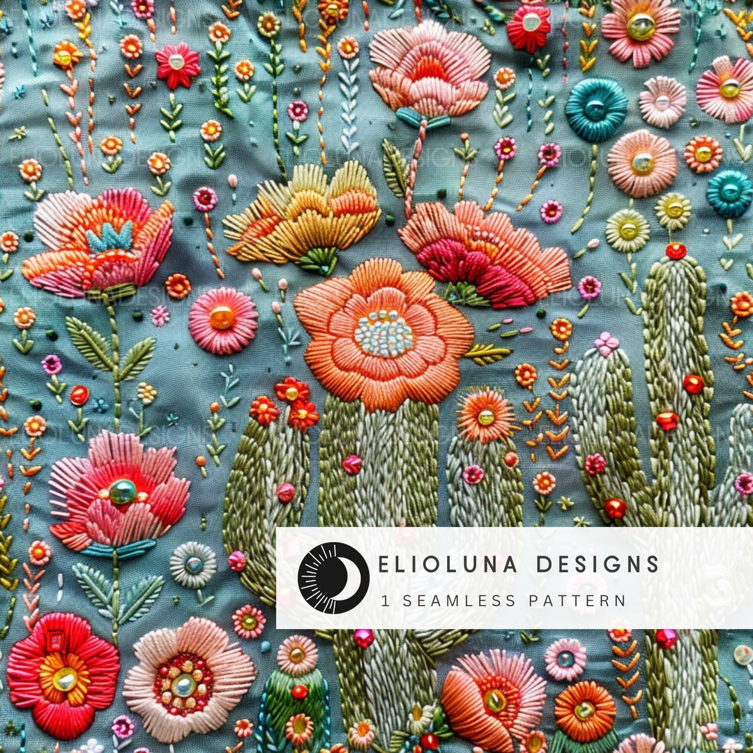 Cactus Floral Pattern Digital Paper Embroidered Western Pattern ...