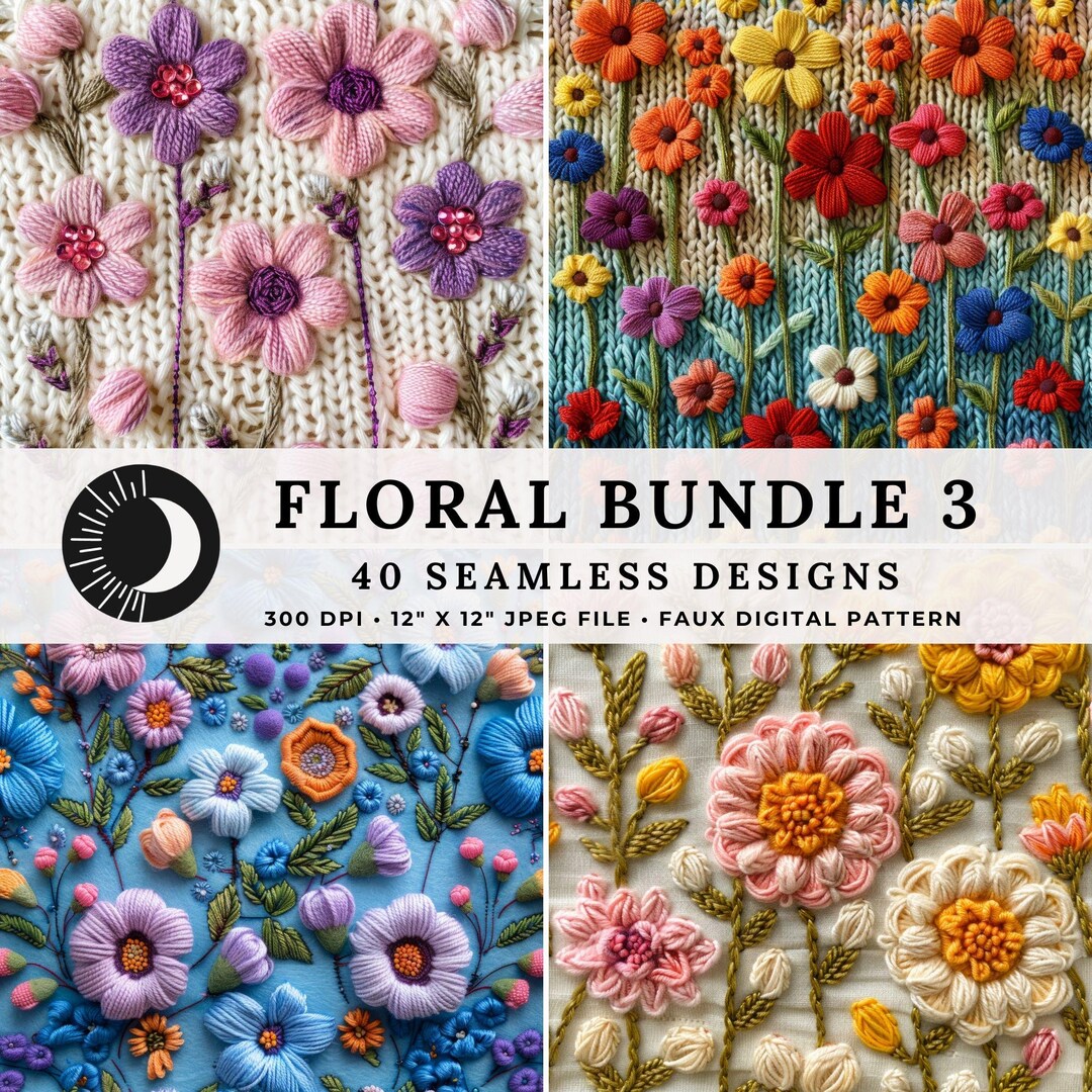 40 Floral Seamless Digital Paper Bundle Faux Embroidery Seamless ...