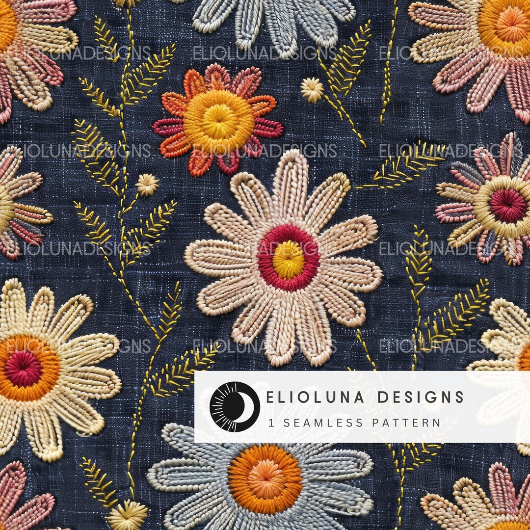 Daisy Embroidered Denim Floral Pattern Digital Paper Faux Embroidery ...