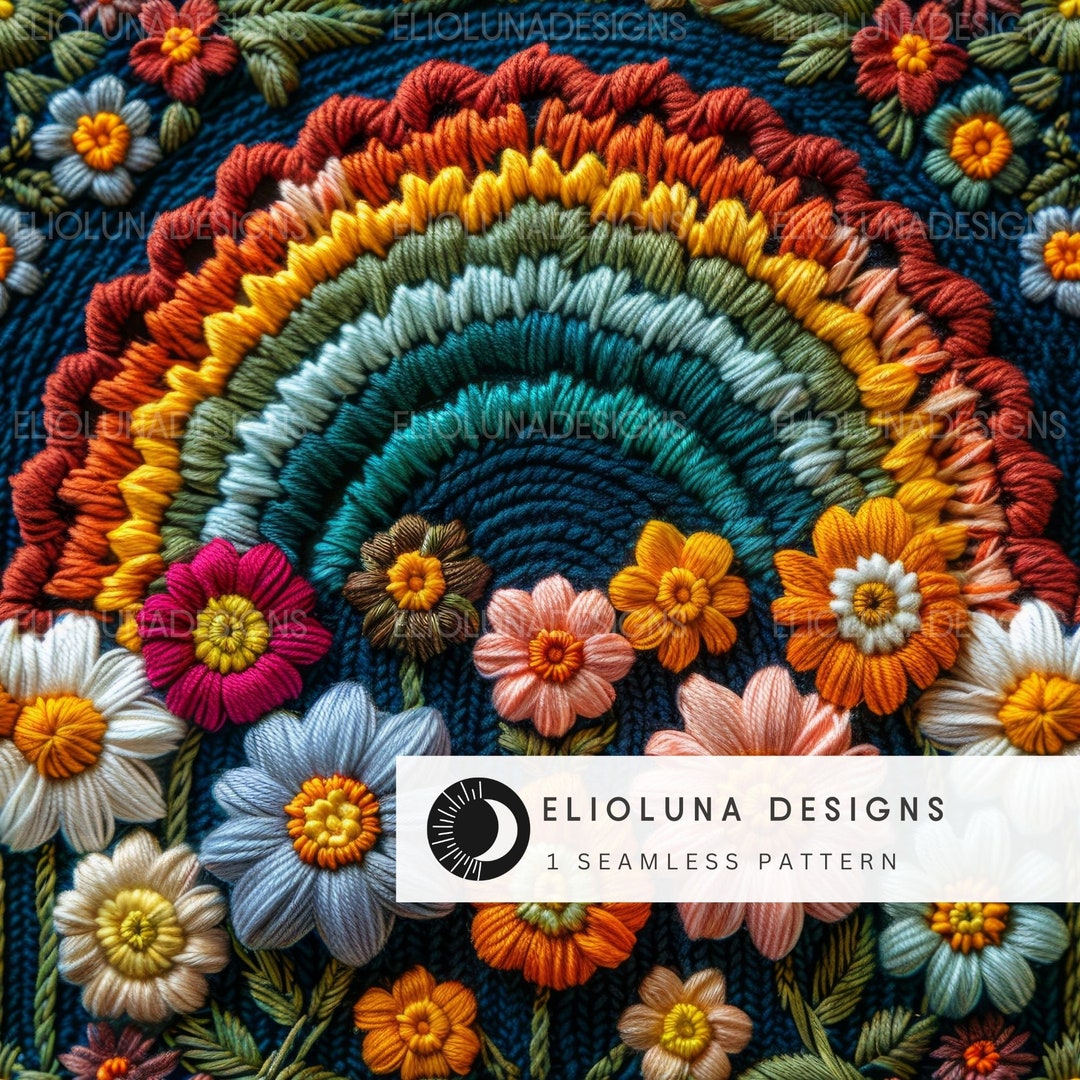 Rainbow Floral Pattern Digital Paper Embroidered Floral Rainbow Pattern ...