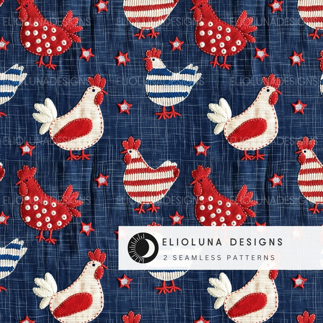 Denim Chicken Seamless Pattern Faux Embroidered Chicken Digital Paper ...