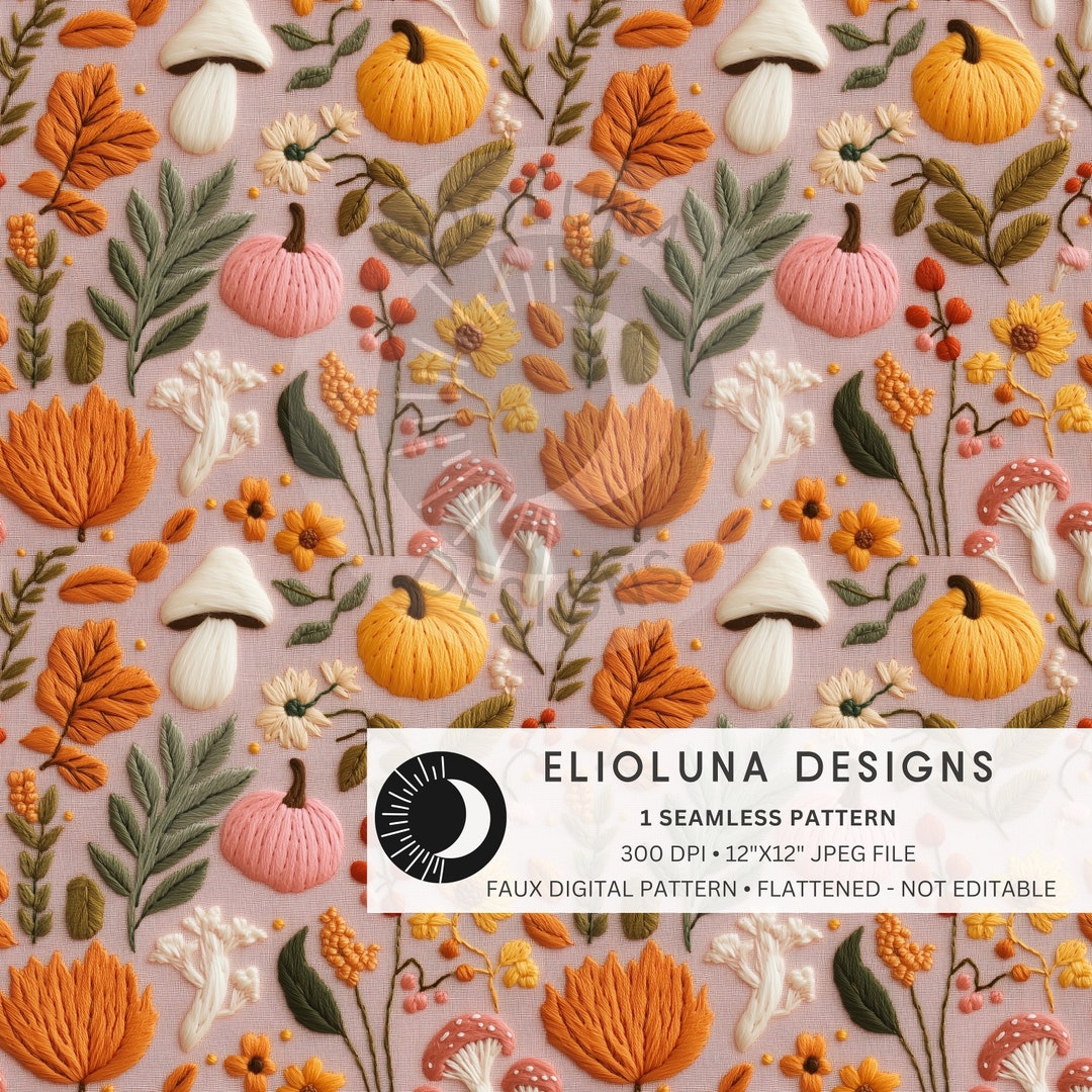 Fall Pumpkins Seamless Pattern 3D Faux Embroidery Pumpkins Digital ...