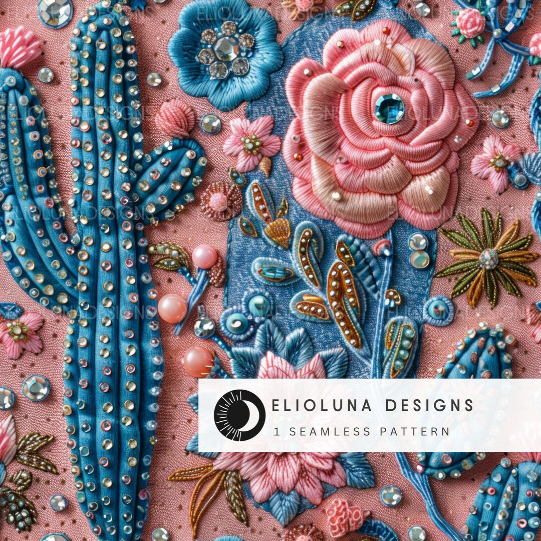 Cactus Floral Pattern Digital Paper Embroidered Western Pattern ...