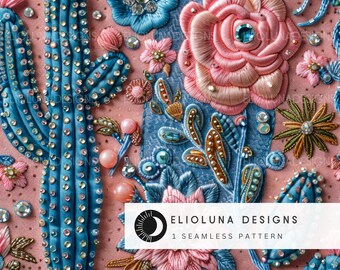 Cactus Floral Pattern Digital Paper Faux Embroidered Western Pattern ...