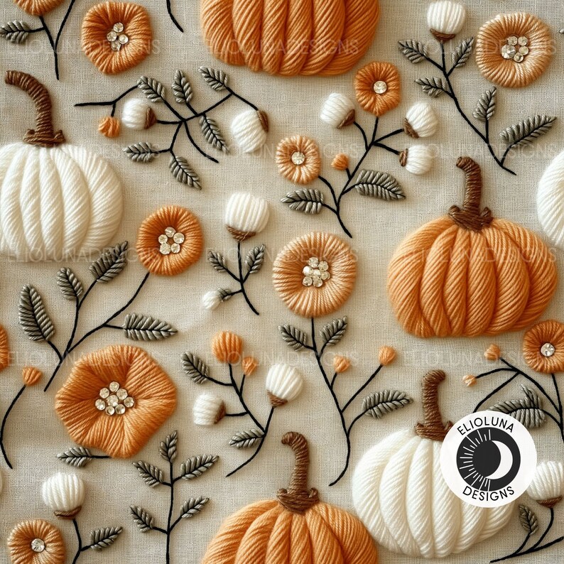 Fall Pumpkins Seamless Pattern 3D Faux Embroidery Pumpkins Digital ...
