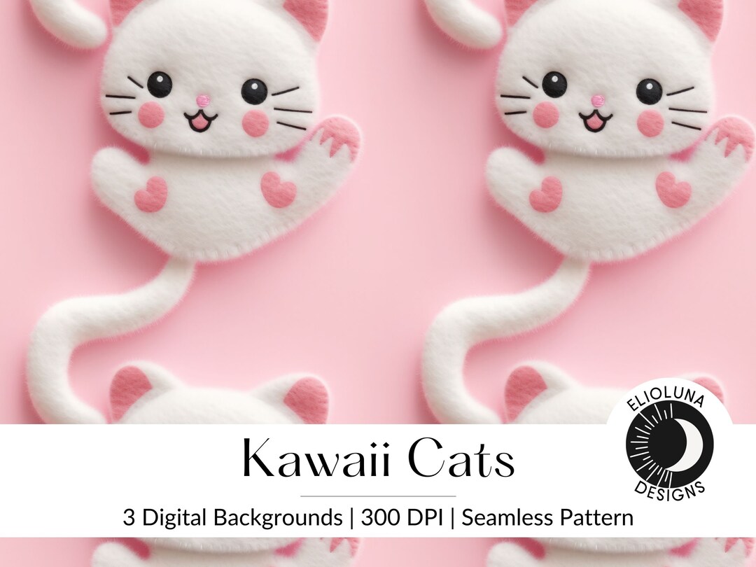 Kawaii Cat Digital Paper Cute Cats Seamless Pattern Cat Faux Embroidery ...