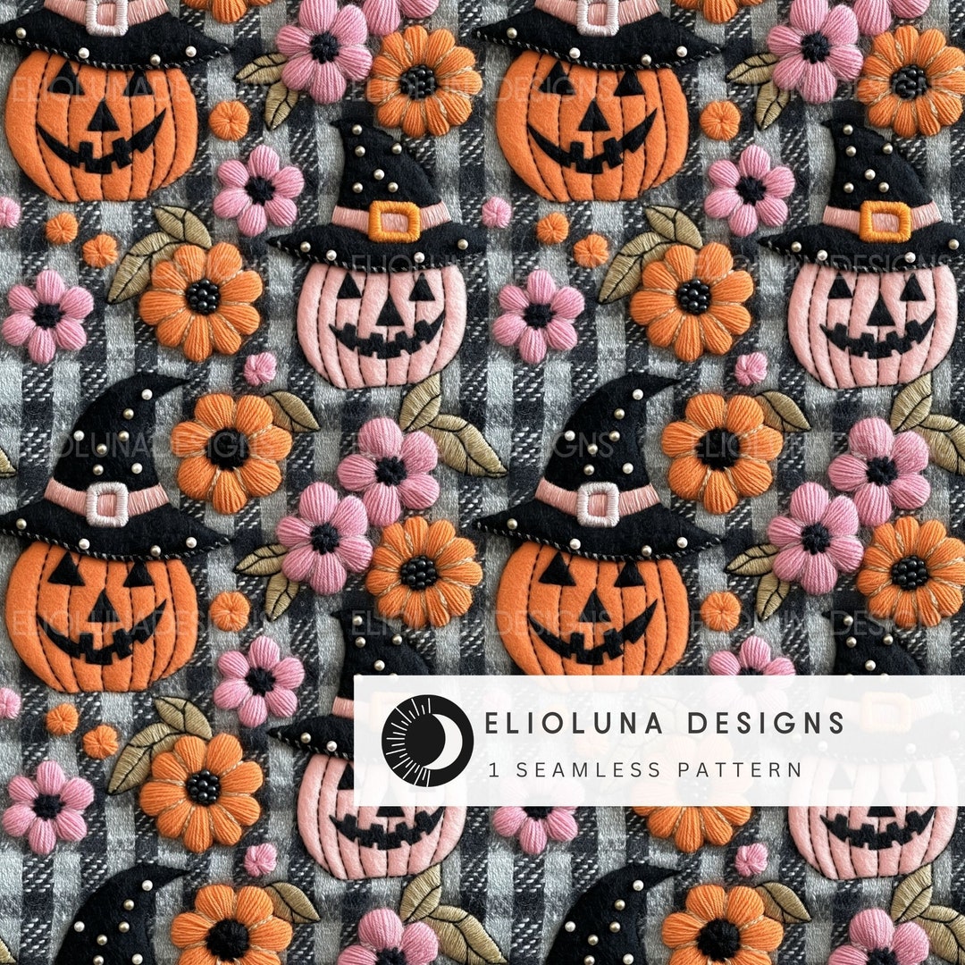 Floral Halloween Pumpkin Seamless Pattern Faux Embroidery File ...