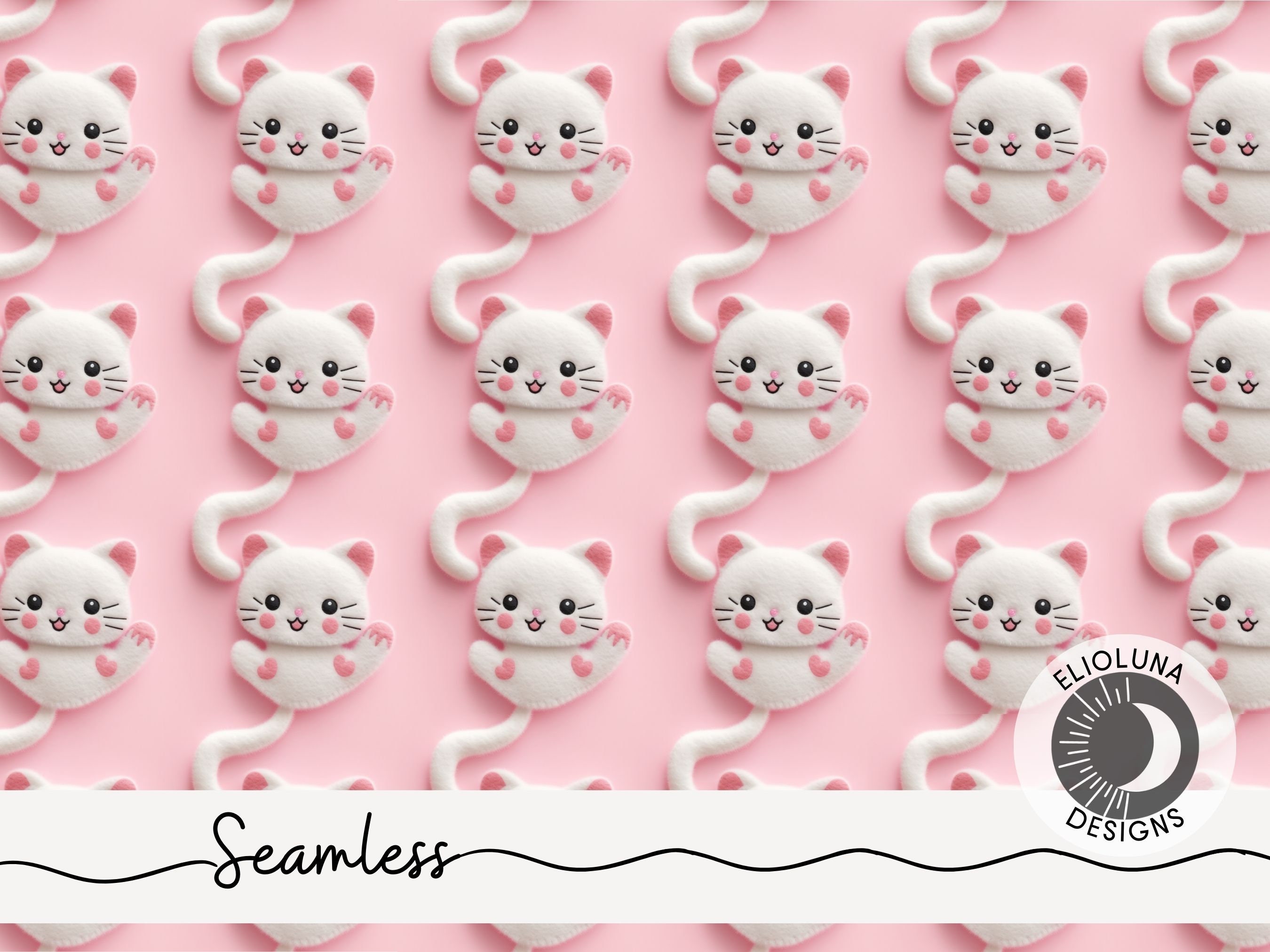 Kawaii Cat Digital Paper Cute Cats Seamless Pattern Cat Faux Embroidery ...