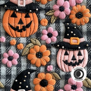 Floral Halloween Pumpkin Seamless Pattern Faux Embroidery File ...