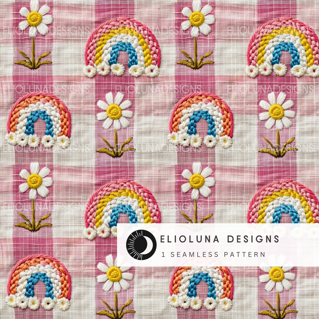 Rainbow and Daisy Faux Embroidery Digital Paper Rainbow Seamless ...