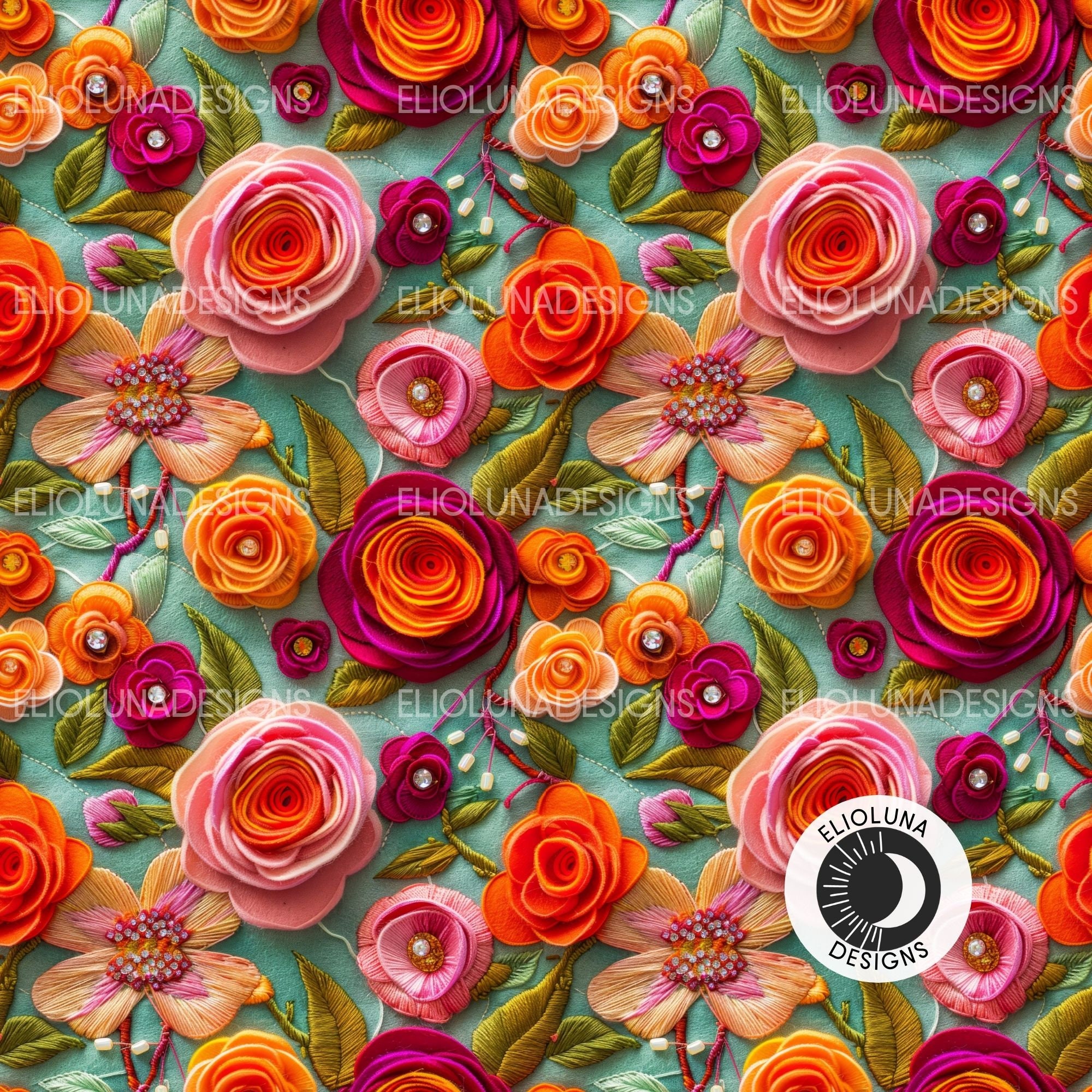 3D Rose Floral Pattern Digital Paper Faux Embroidery Summer Floral ...