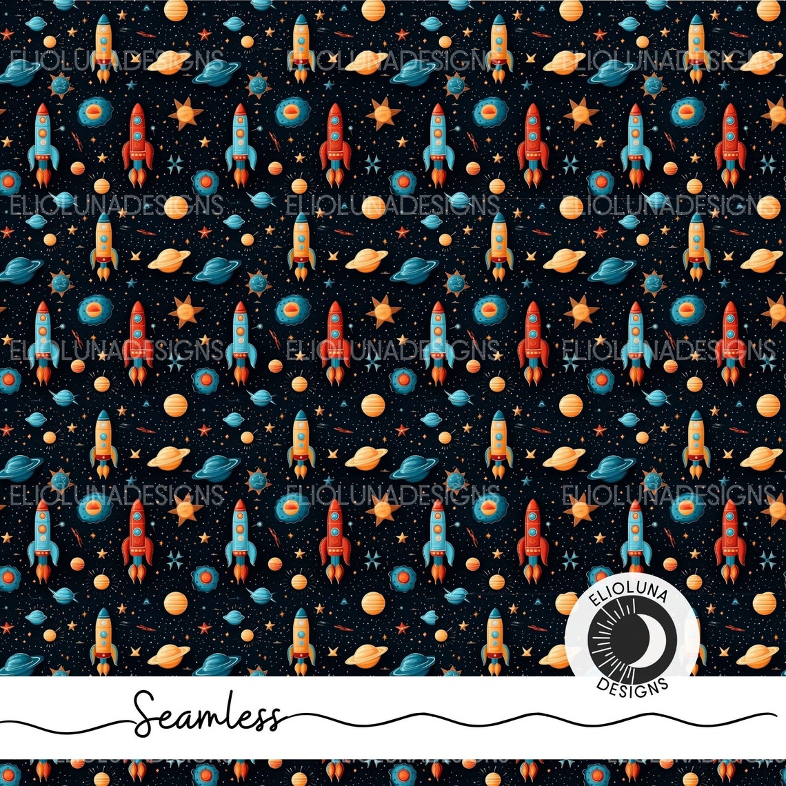 Rocket Ship Space Pattern Digital Paper Kids Space Pattern Seamless ...