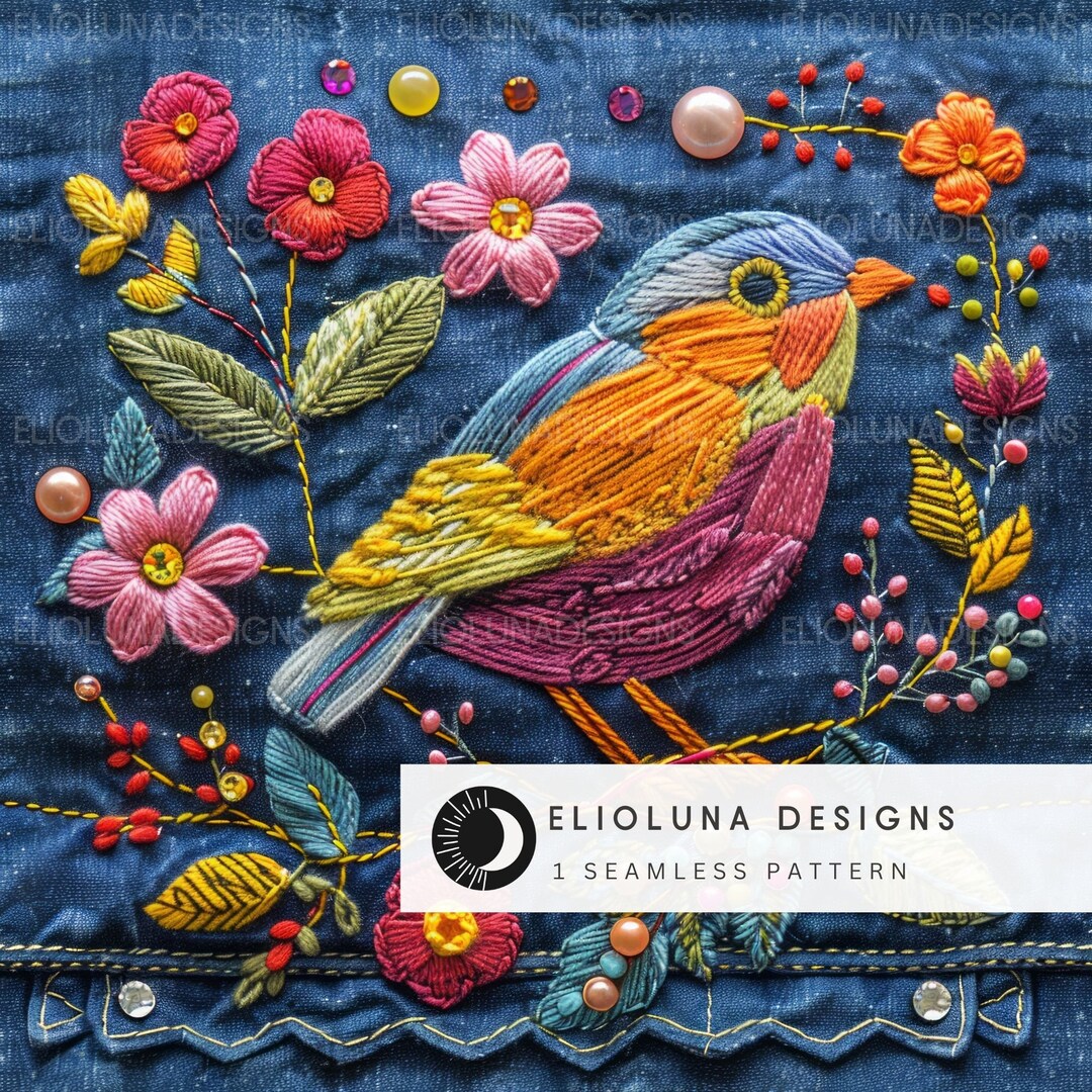 Denim Floral Bird Seamless Pattern Summer Digital Paper Bird Pattern ...