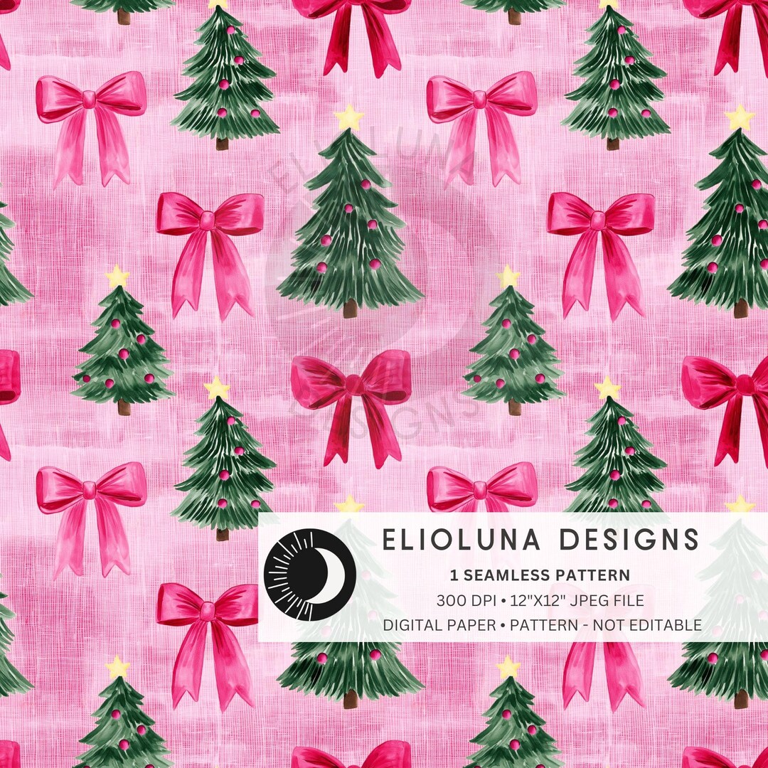 Pink Bows and Christmas Trees Seamless Pattern Watercolor Christmas ...