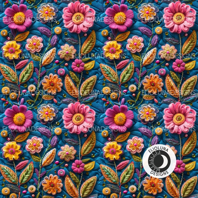 Summer Floral Pattern Digital Paper Faux Embroidery Summer Floral ...