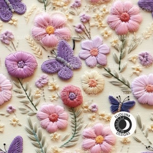 Spring Floral Butterfly Pattern Digital Paper Embroidered Floral ...