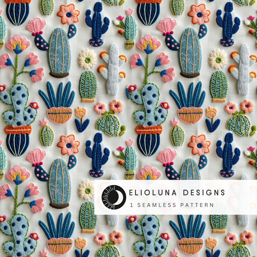 Cactus Floral Pattern Digital Paper Embroidered Western Pattern ...