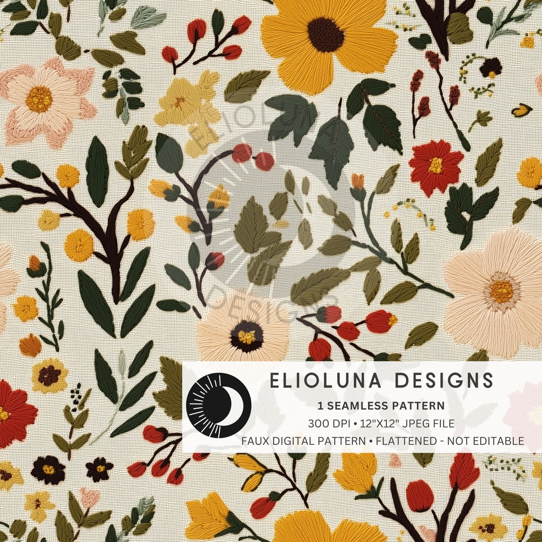 Boho Fall Florals Faux Embroidery Seamless Pattern 3D Floral Digital ...