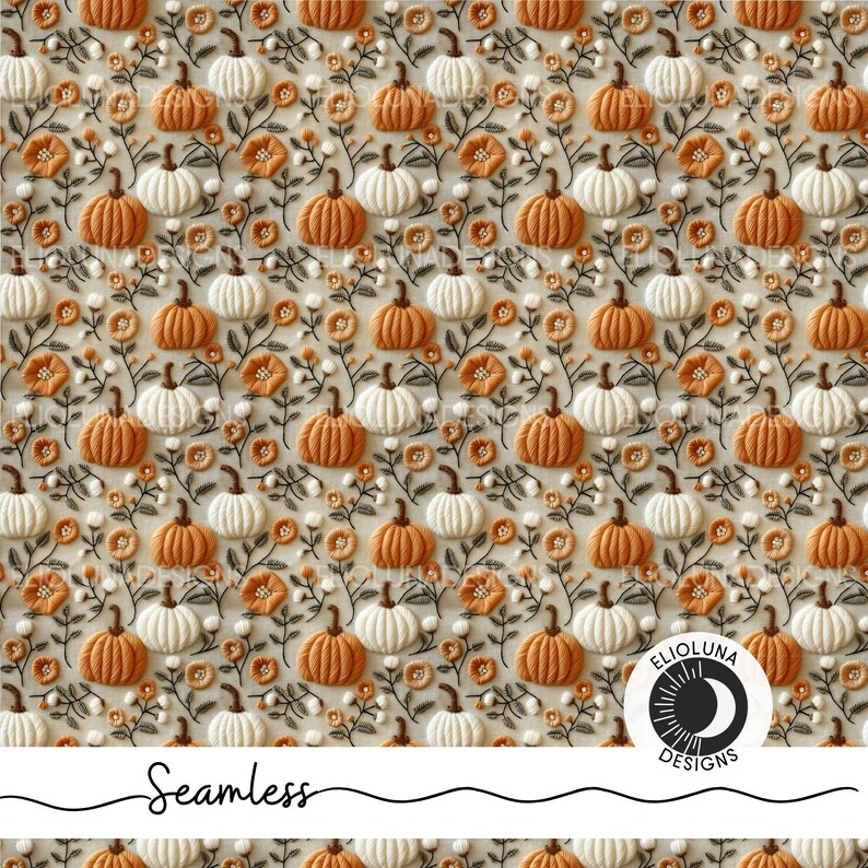 Fall Pumpkins Seamless Pattern 3D Faux Embroidery Pumpkins Digital ...