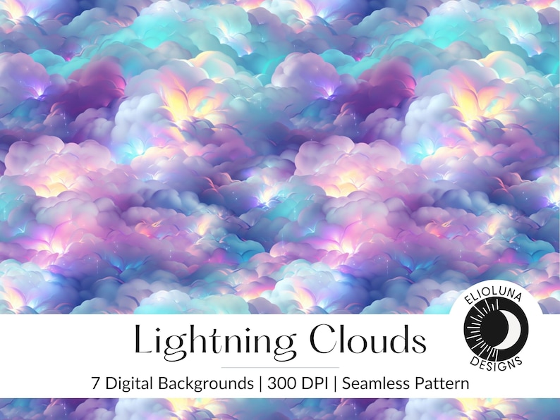 Digital Paper Clouds Seamless Pattern Sky Background 3D Rainbow Digital Art Lightning Bolt ...