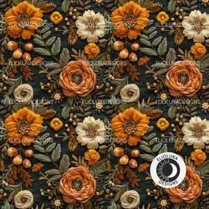 Fall Floral Pattern Digital Paper 3D Faux Embroidery Floral Autumn ...