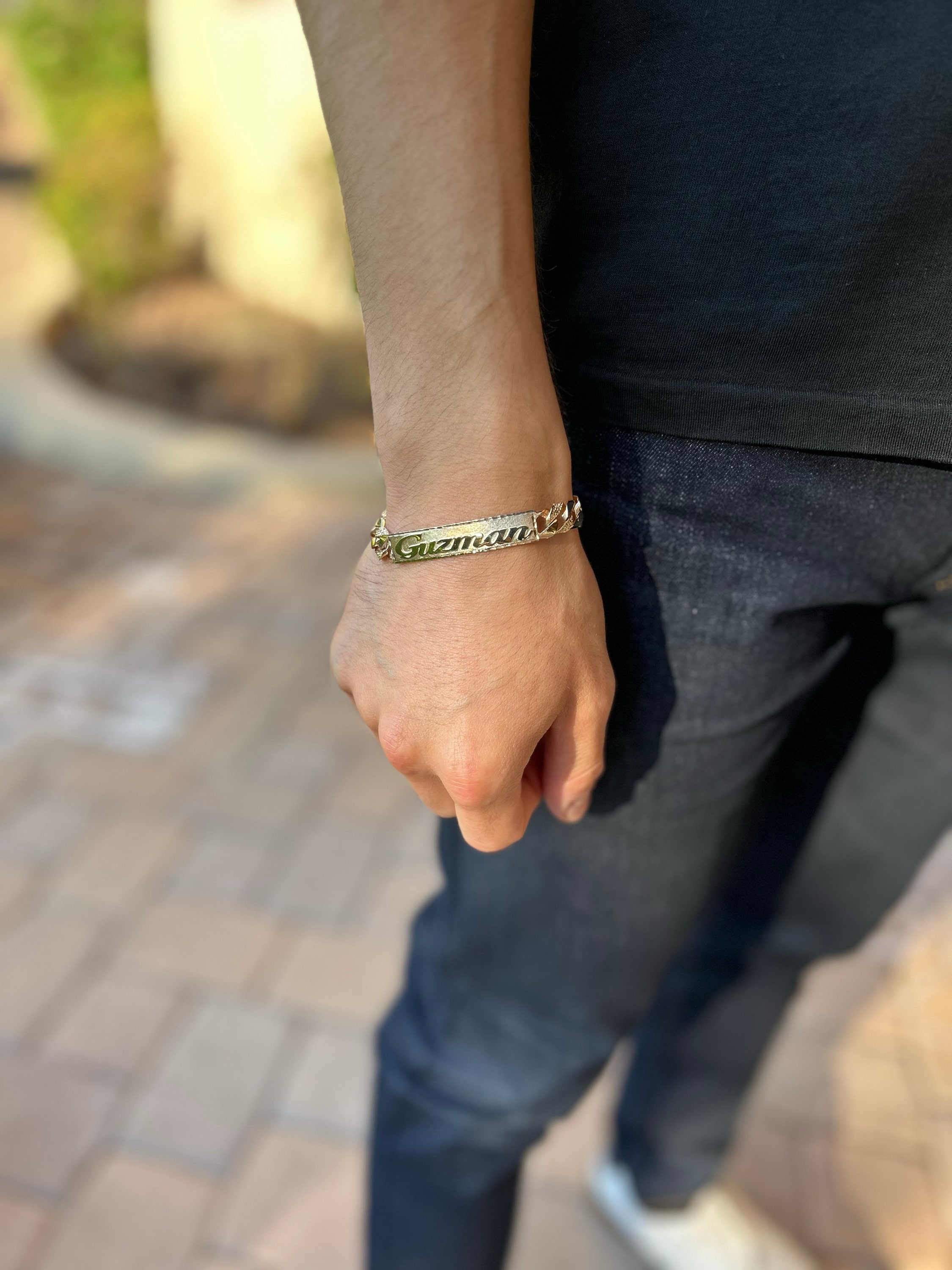 14k Gold Mens 9mm Solid Nugget Cuban Link ID Bracelet With Gold Name ...