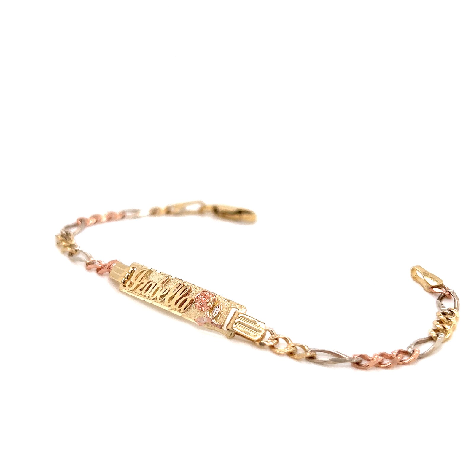 14k Kids Gold ID Bracelet With Rose and Tri-color Figaro Links - Etsy