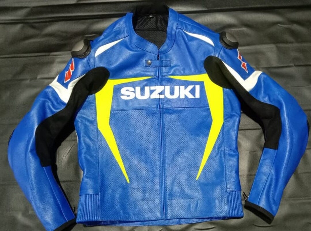 Mens Suzuki Leather Jacket, Motorbike Biker Leather Racer Jacket, Blue ...