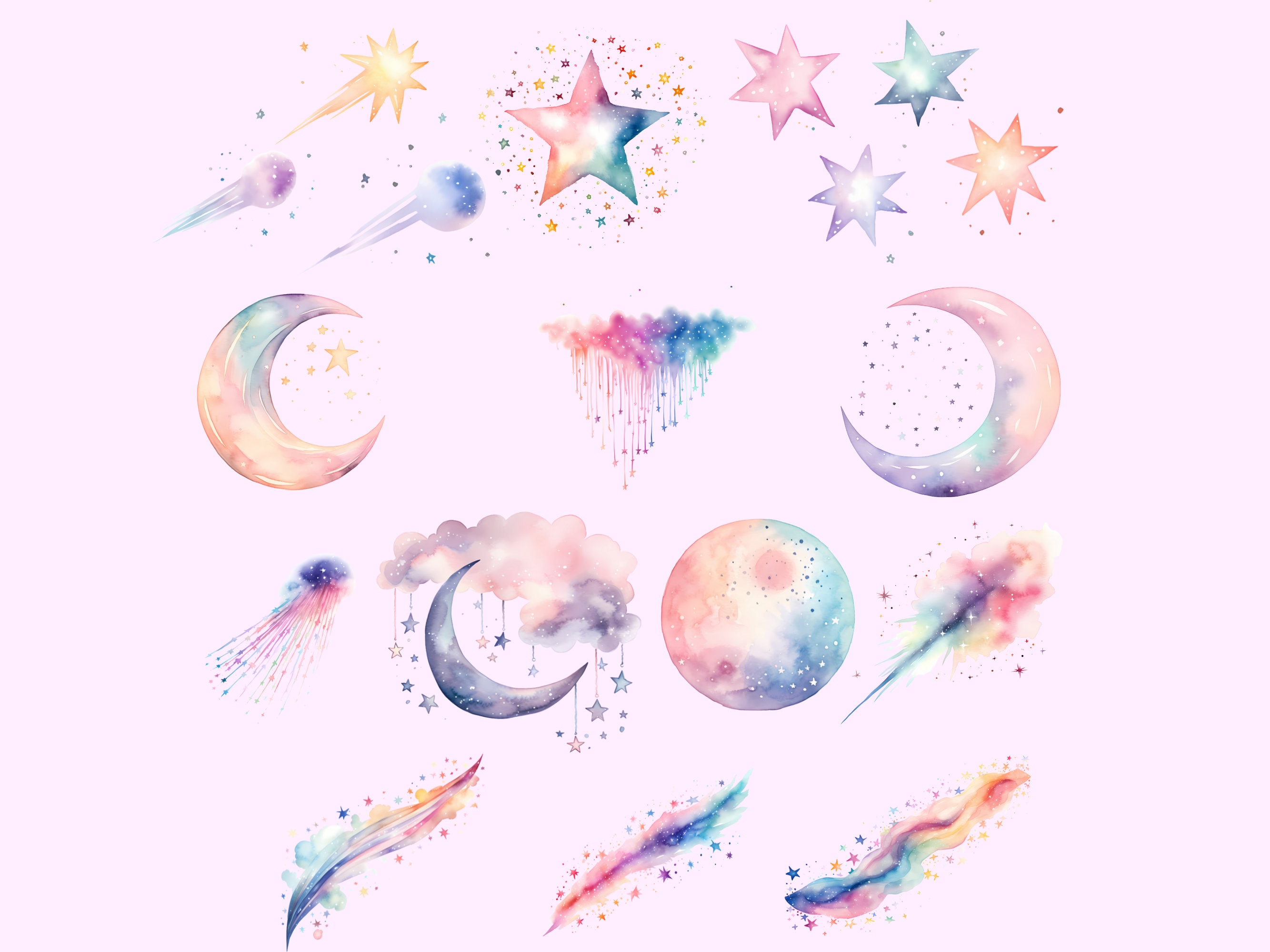 Watercolor Moon and Stars Clipart, Pastel Nursery Art (digital Download ...