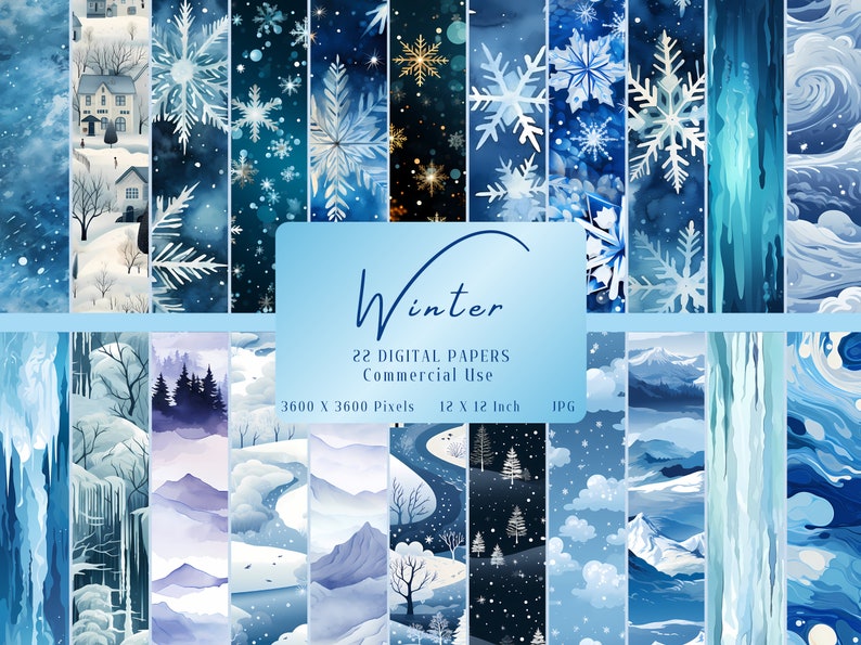 Snowflake Digital Paper, Winter, Seamless Textures, Blue White ...
