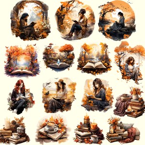 Watercolor Fall Book PNG Clipart, Fall Reading Clip Art, Autumn Women ...