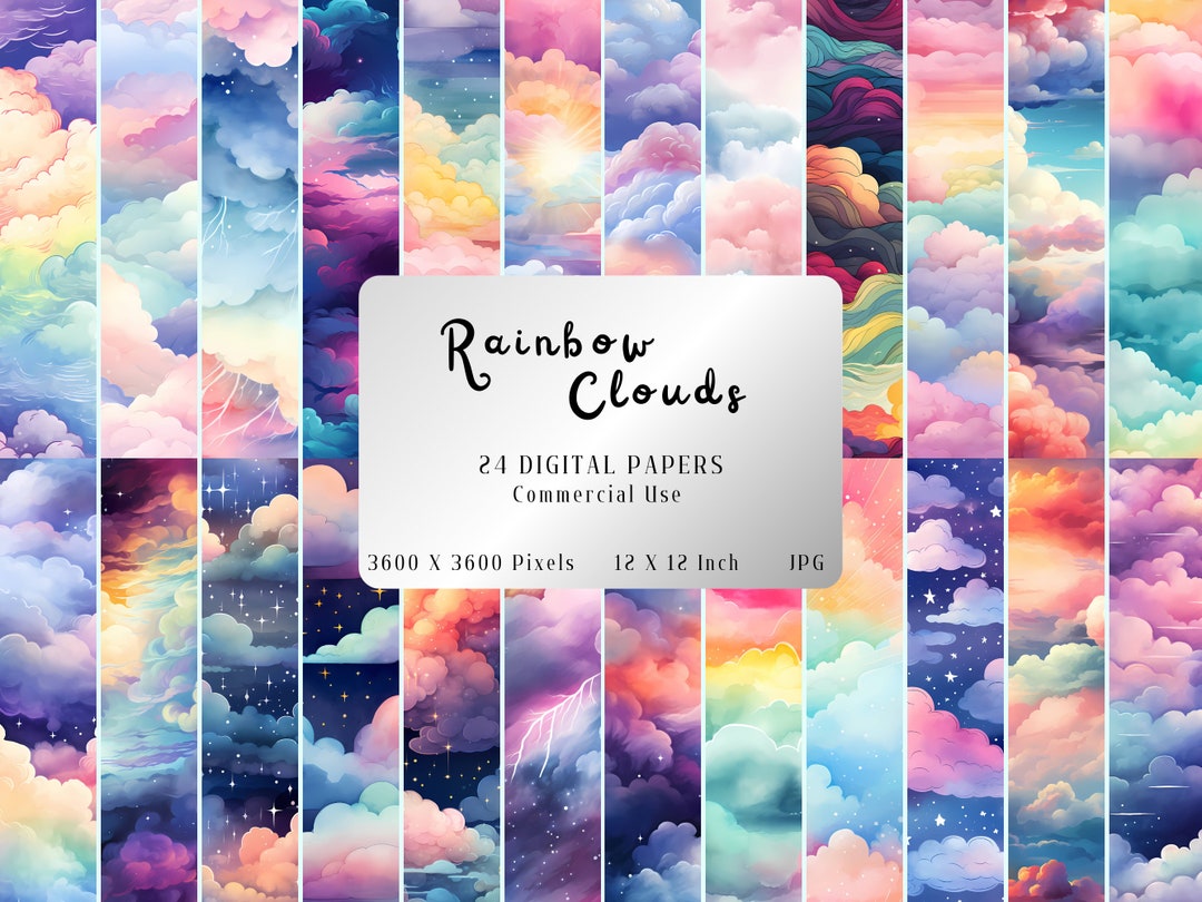 Puffy Rainbow Clouds Digital Paper, Watercolor, Scrapbook Page ...
