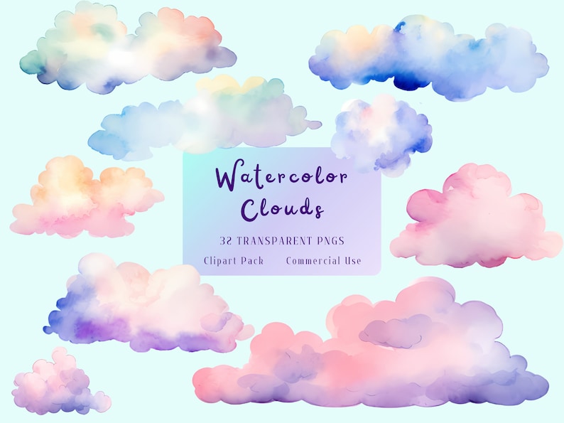 Watercolor Cloud Clipart, Pastel Sunset Sunrise, PNG (digital Download ...
