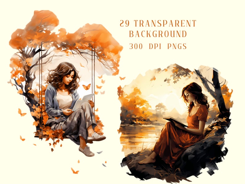 Watercolor Fall Book PNG Clipart, Fall Reading Clip Art, Autumn Women ...