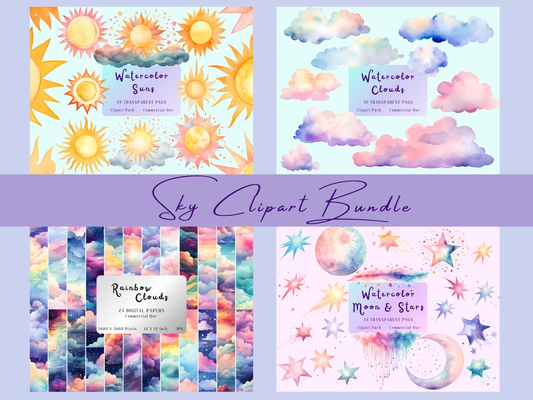Sky Clipart Bundle, Watercolor, Cloud Clip Art PNG, Moon Stars and Sun ...