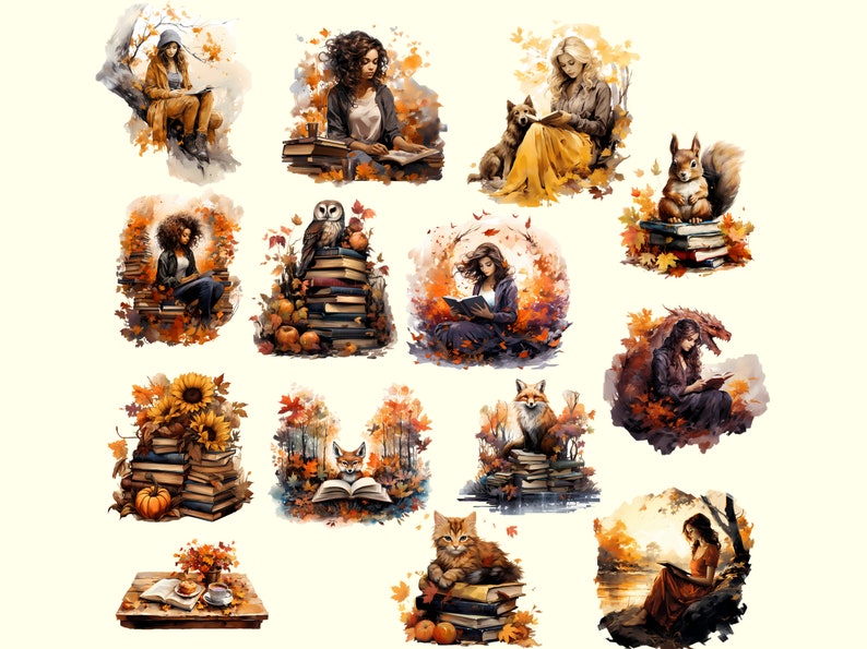 Watercolor Fall Book PNG Clipart, Fall Reading Clip Art, Autumn Women ...