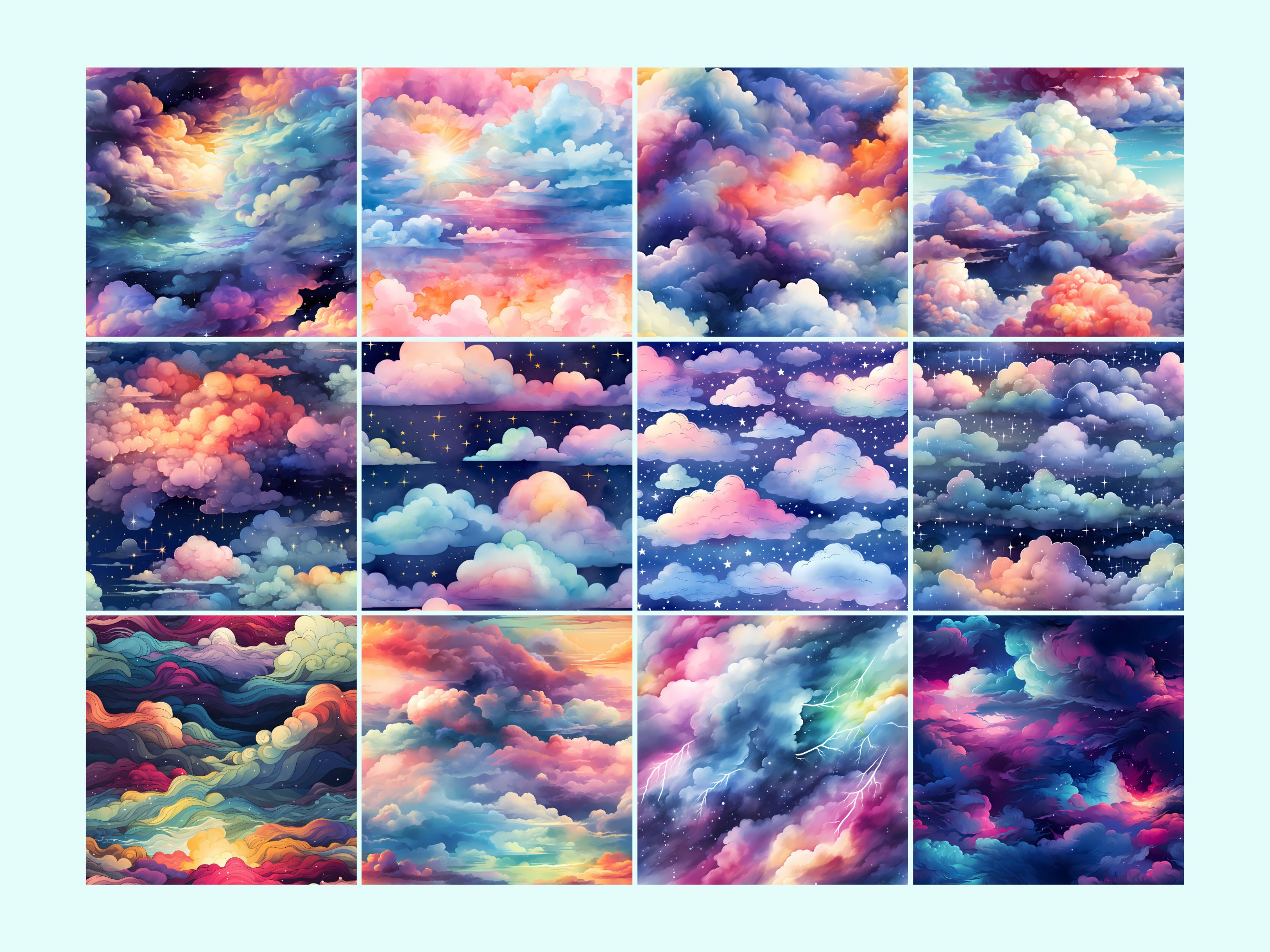 Puffy Rainbow Clouds Digital Paper, Watercolor, Scrapbook Page ...