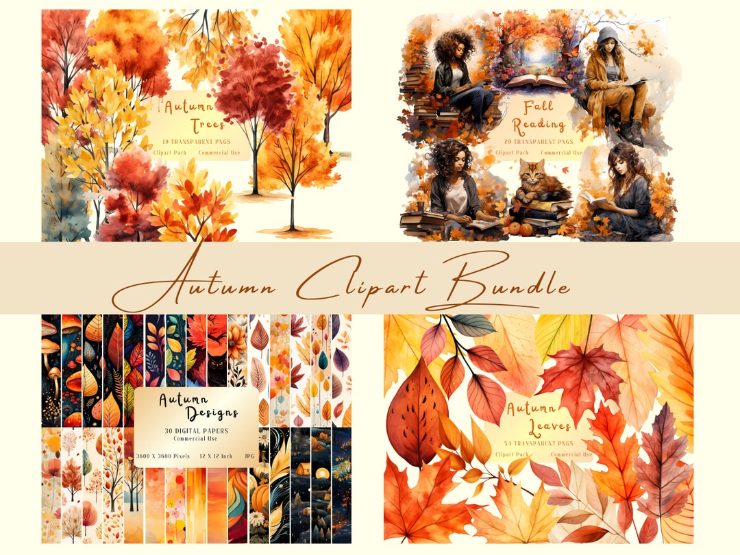 Watercolor Autumn Clipart Bundle, Fall Leaves and Trees (digital ...