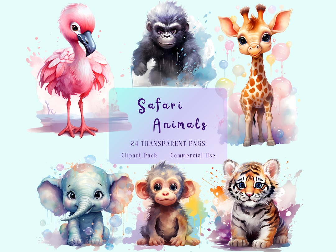 Watercolor Safari Animal Clipart, Baby Animals PNG (digital Download ...