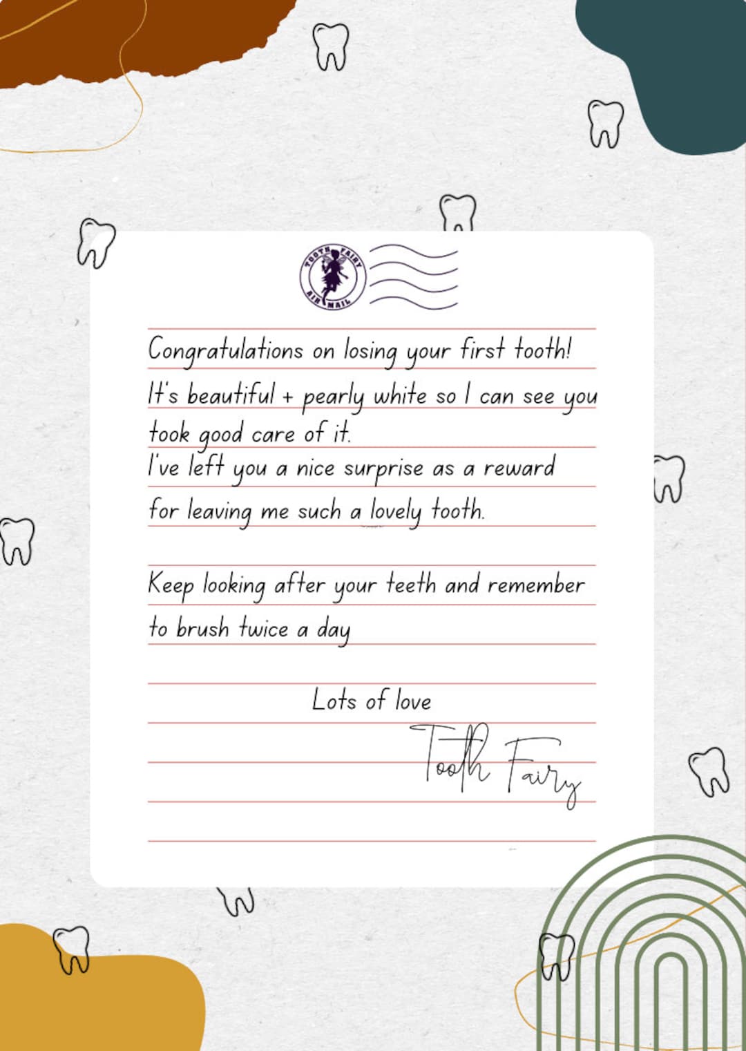 Tooth Fairy Note | Kids Note | Tooth Fairy Letter | Printable Letter ...