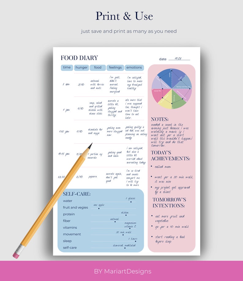 Printable Mindful Food Journal Printable Mindful Food Diary Mindfulness ...