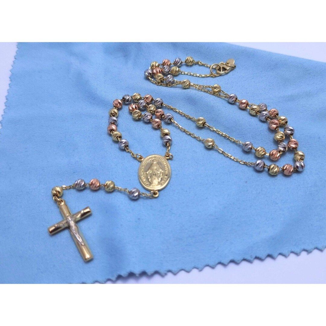 Unique 14K Tri Tone Multi Color Gold Bead Ball Rosary Cross Link Chain ...