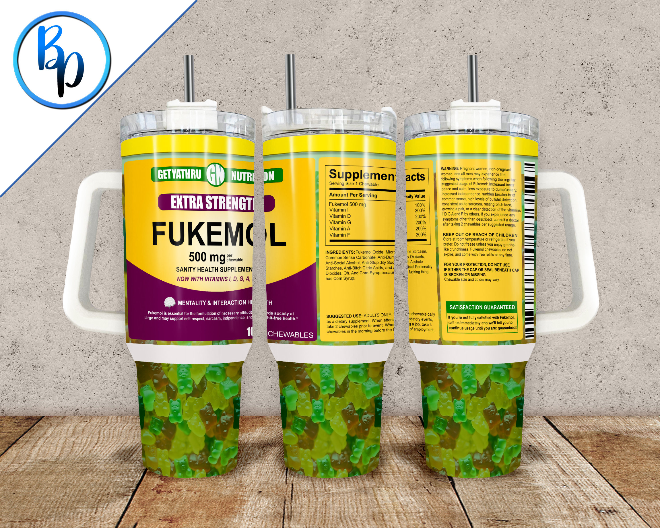 40oz Funny Vitamins Tumbler Wrap, Fukemol Supplement PNG File for ...