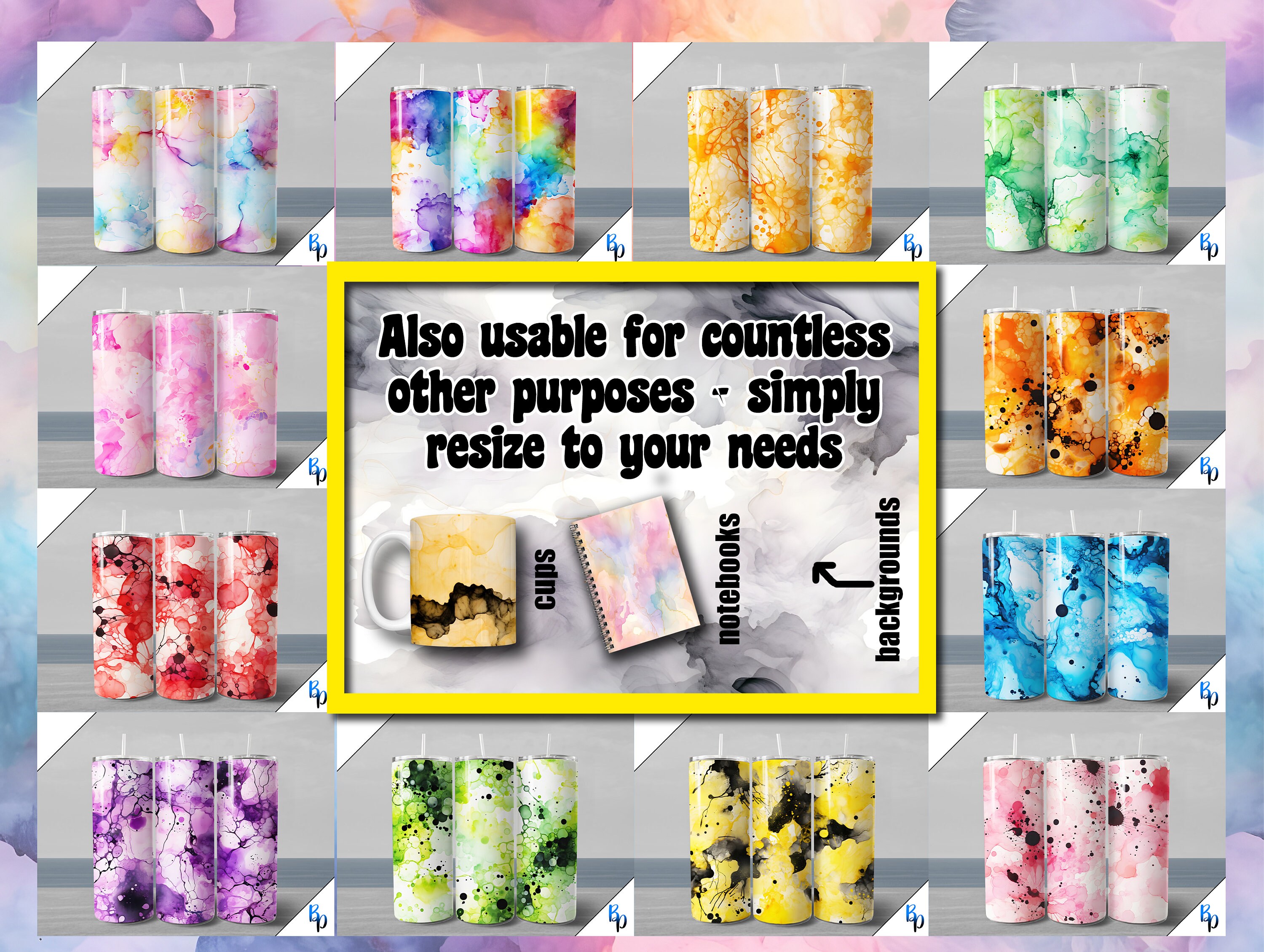 100 Alcohol Ink Tumbler Wrap PNG Sublimation Bundle, 20oz Ounce ...