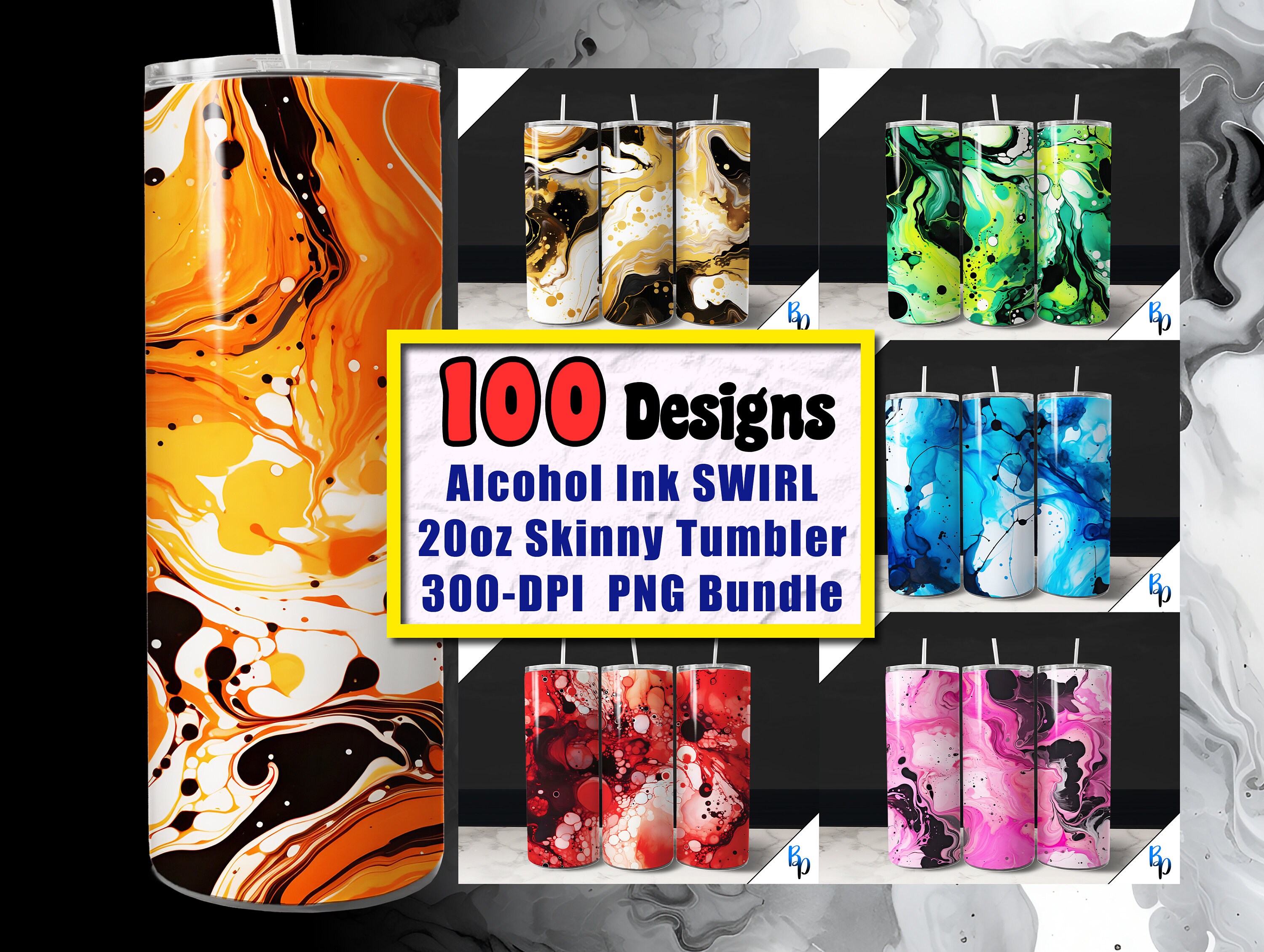 100 Alcohol Ink Tumbler Wrap PNG Sublimation Bundle, 20oz Ounce ...