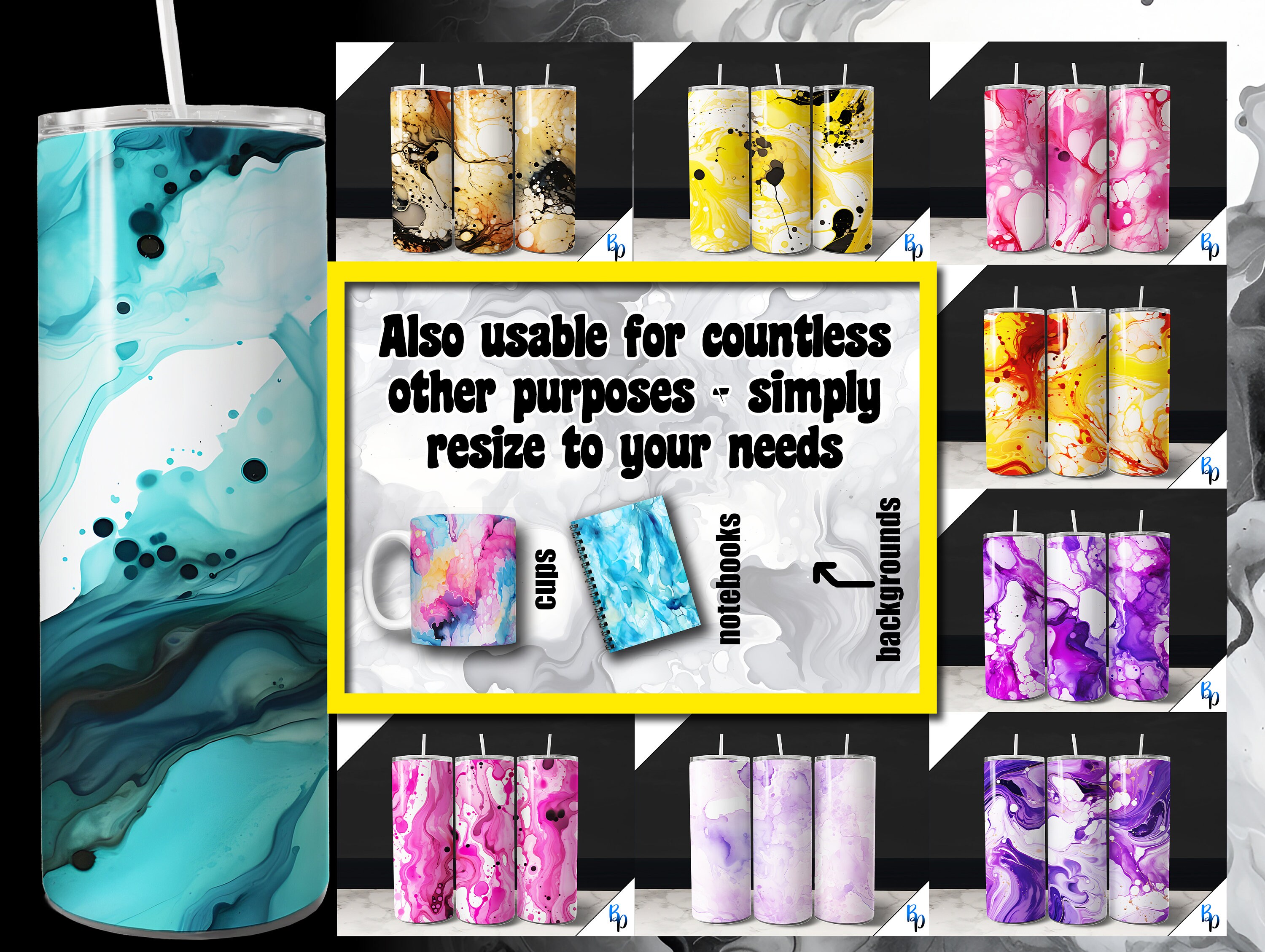 100 Alcohol Ink Tumbler Wrap PNG Sublimation Bundle, 20oz Ounce ...