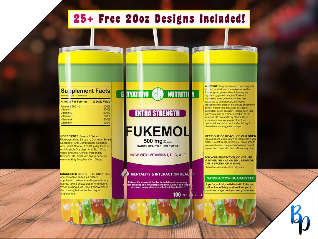 20oz Funny Vitamins Tumbler Wrap, Fukemol Supplement PNG File for ...