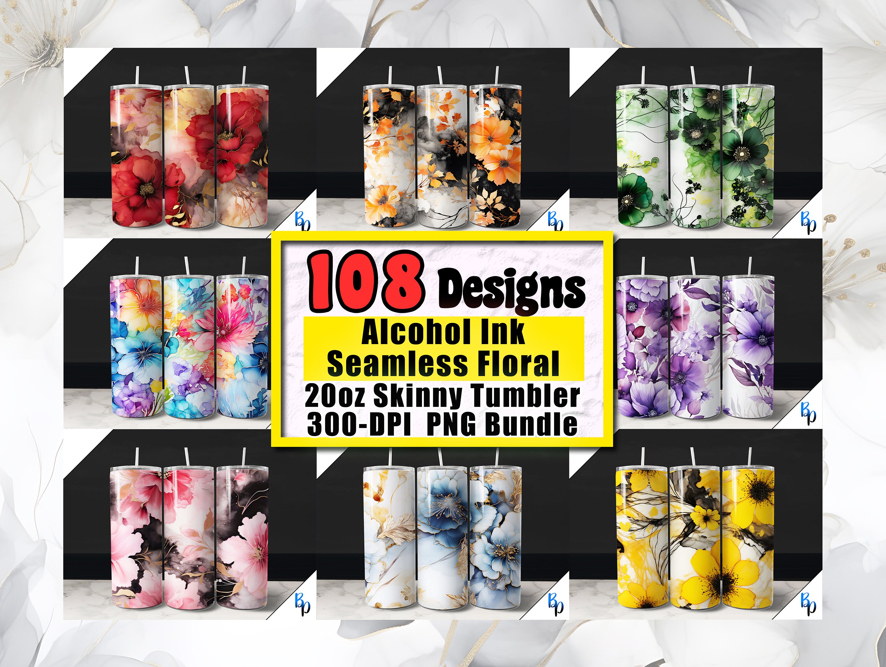 108 Alcohol Ink Floral Tumbler Wrap PNG Sublimation Bundle, 20oz Ounce ...